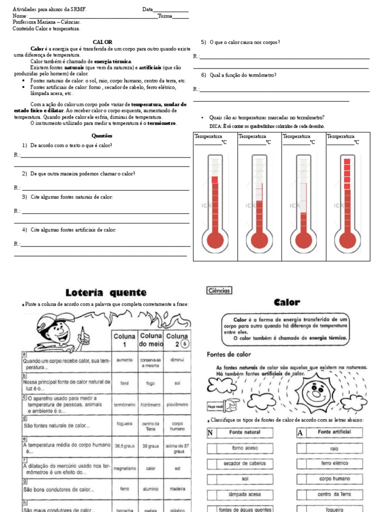 Atividades sobre Calor e Temperatura | PDF | Calor | Termômetro