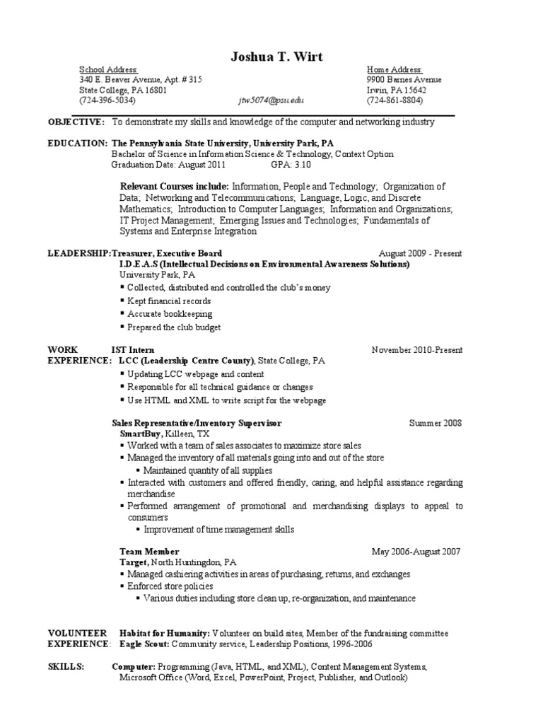 Joshua T. Wirt: IT Graduate Resume | PDF