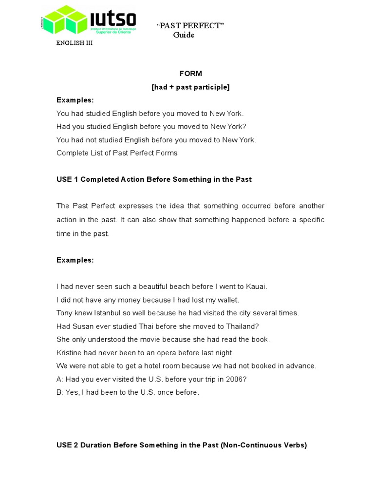 Past Perfect" Guide: Form (Had + Past Participle) Examples | PDF ...