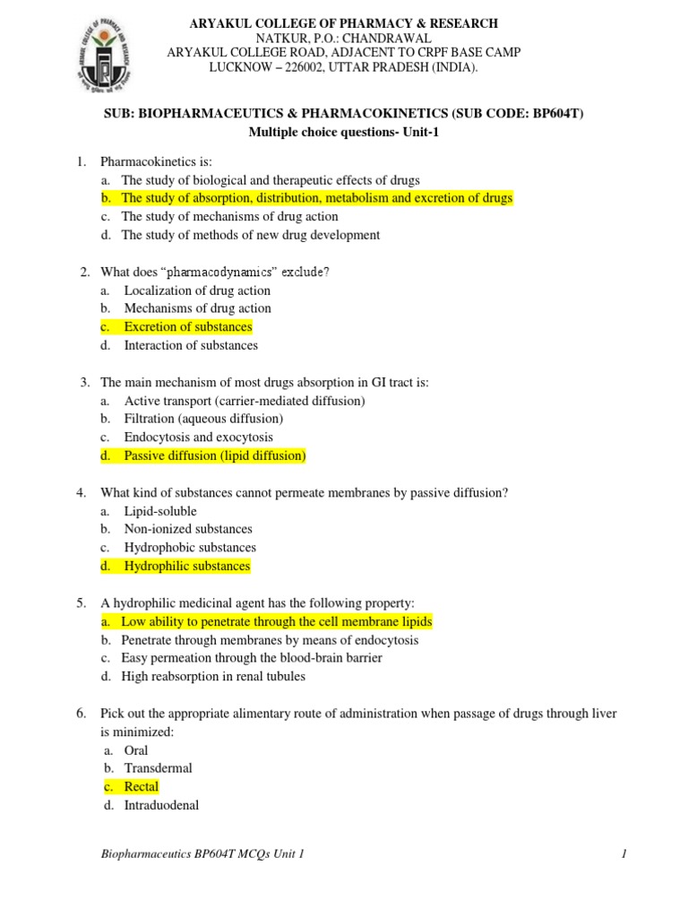 Biopharmaceutics BP604T MCQs Unit 1 | PDF | Cell Membrane | Solubility