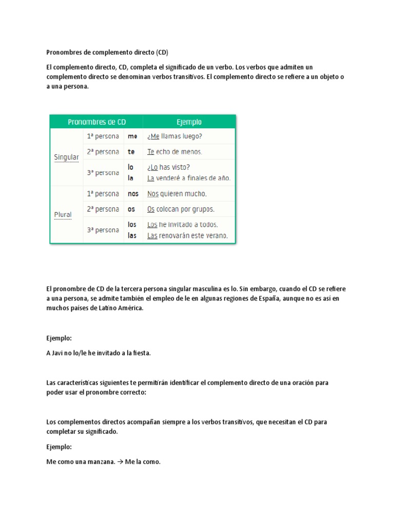 Pronombres de Complemento Directo | PDF | Objeto (gramática) | Verbo
