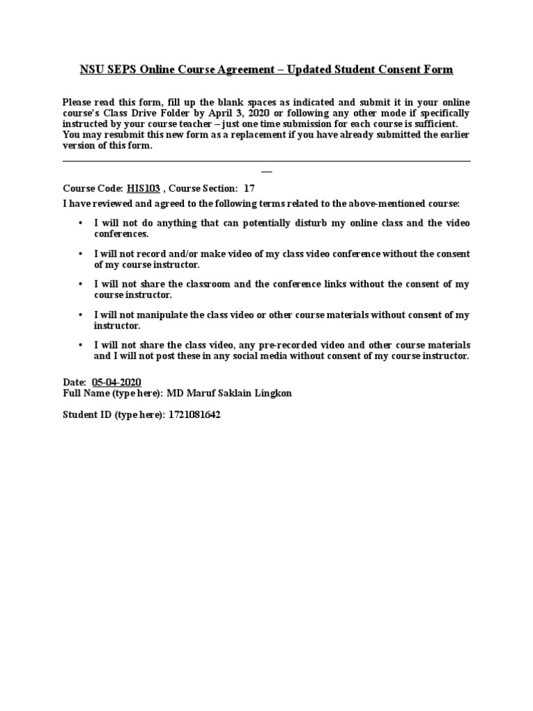NSU SEPS Online Course Agreement - Updated Student Consent Form | PDF