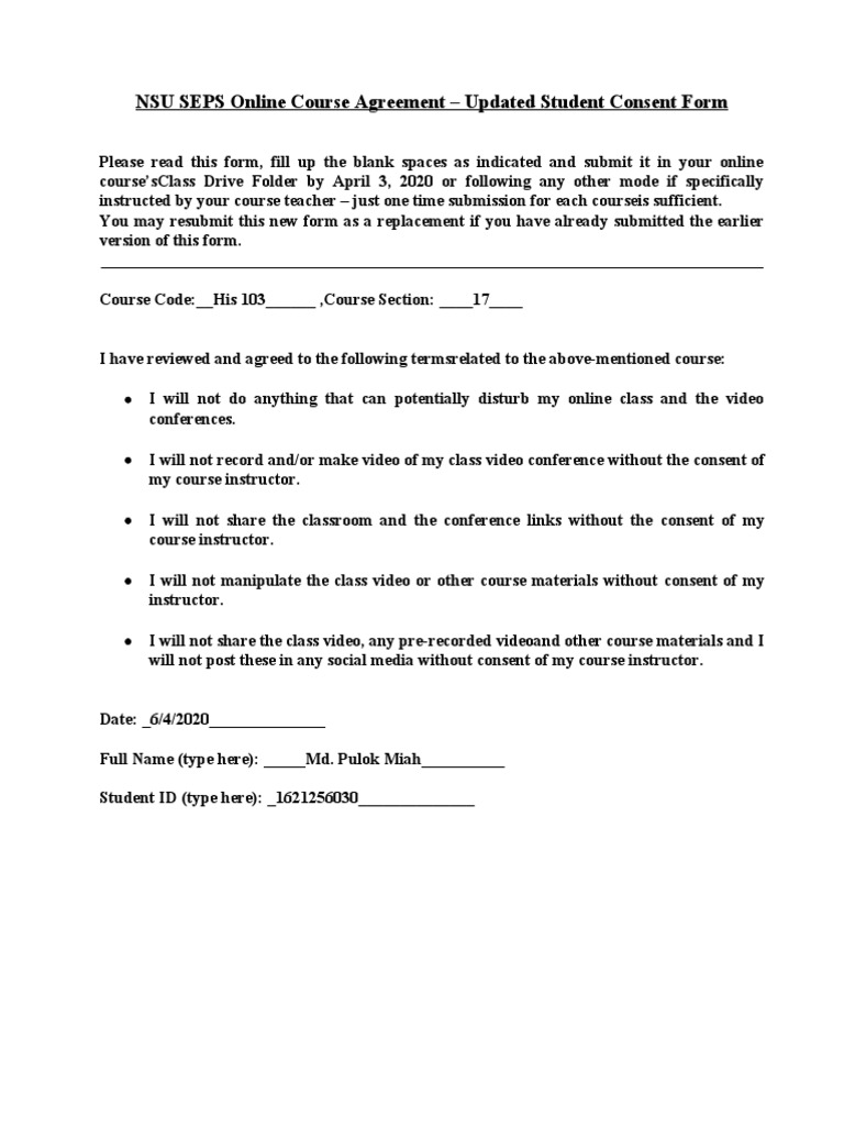 NSU SEPS Online Course Agreement - Updated Student Consent Form | PDF