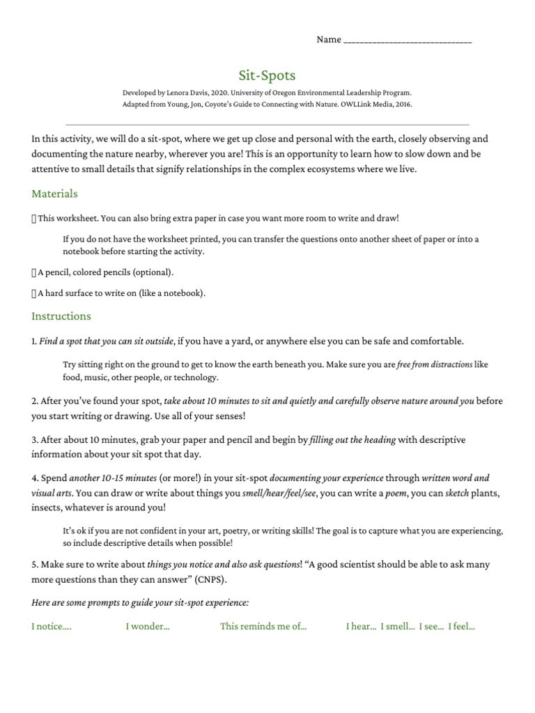 Sit Spot Worksheet | Download Free PDF | Nature | Cognition