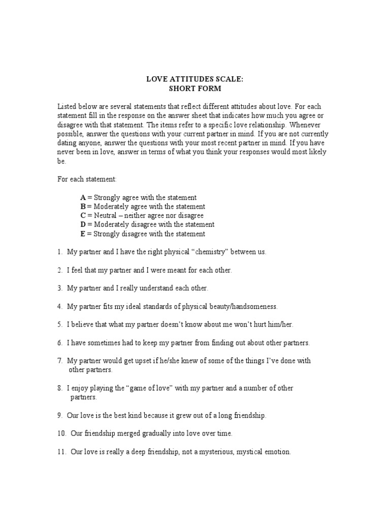 Love Attitudes Scale: Short Form | PDF | Virtue | Metaphysics Of Mind
