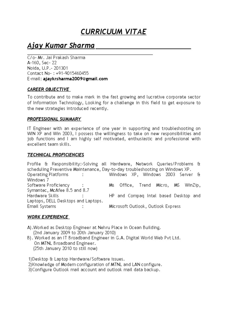 Ajay Sharma Resume | Windows Xp | Microsoft Outlook
