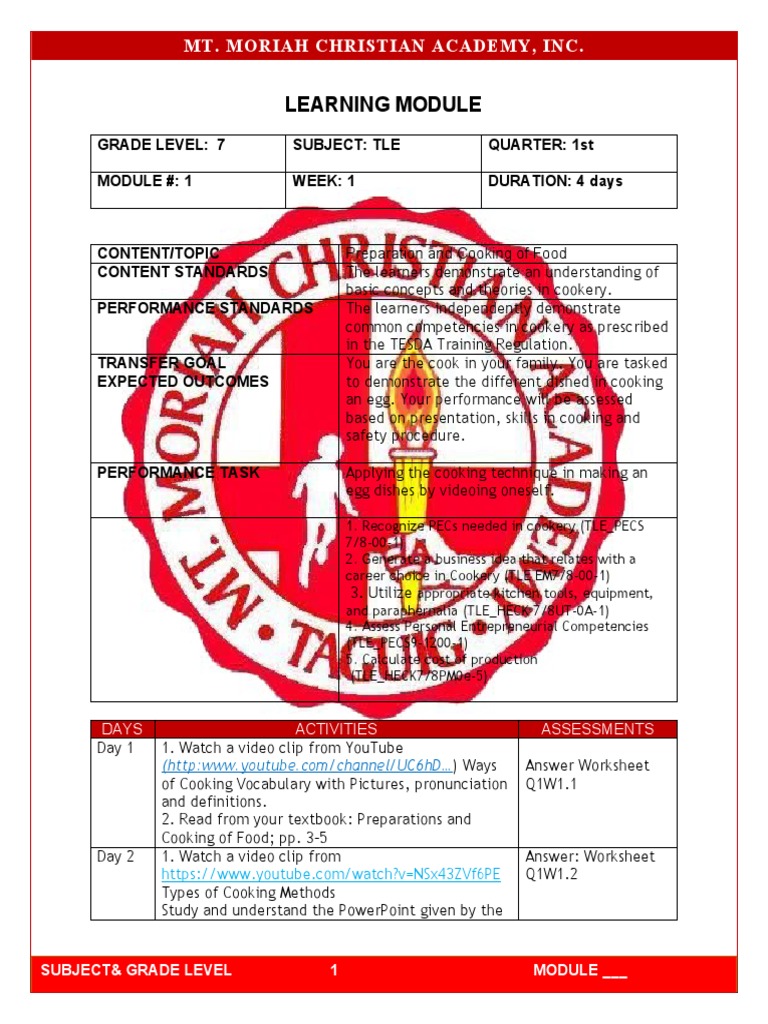 New Format Module W1 G7 | PDF | Worksheet | Cooking