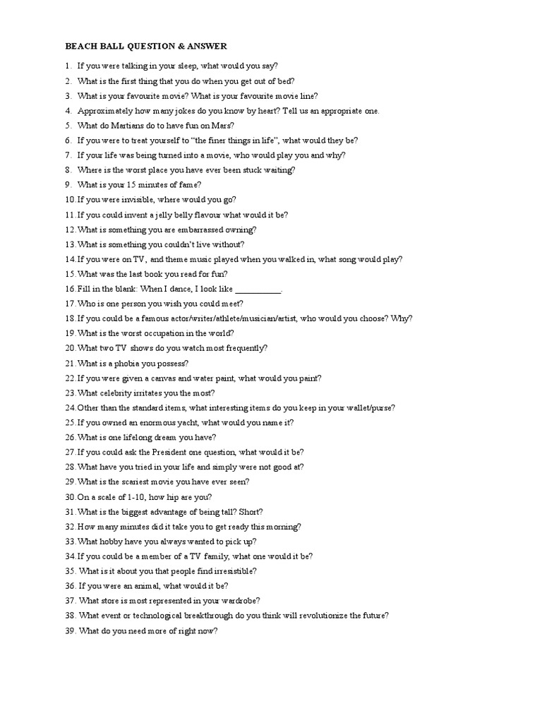 Fun Beach Ball Q&A Prompts | PDF | Language Arts & Discipline