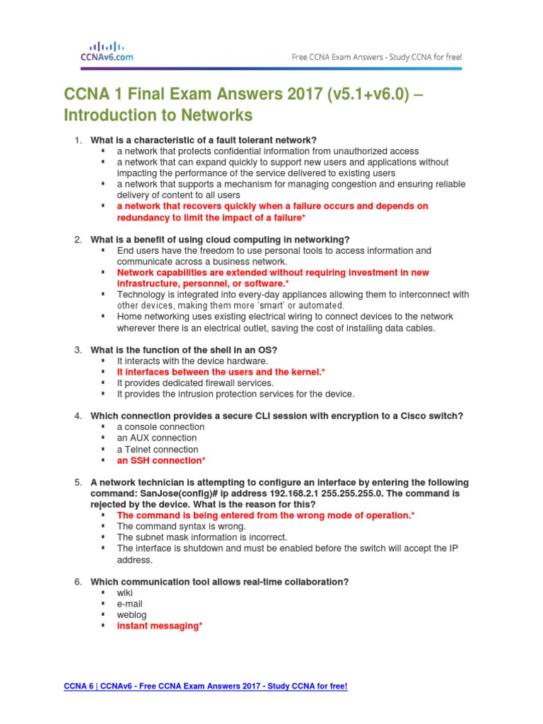 Ccna 1 Final Exam Answers 2017 v51v60 Introduction To Networks PDF | PDF | I Pv6 | Computer Network