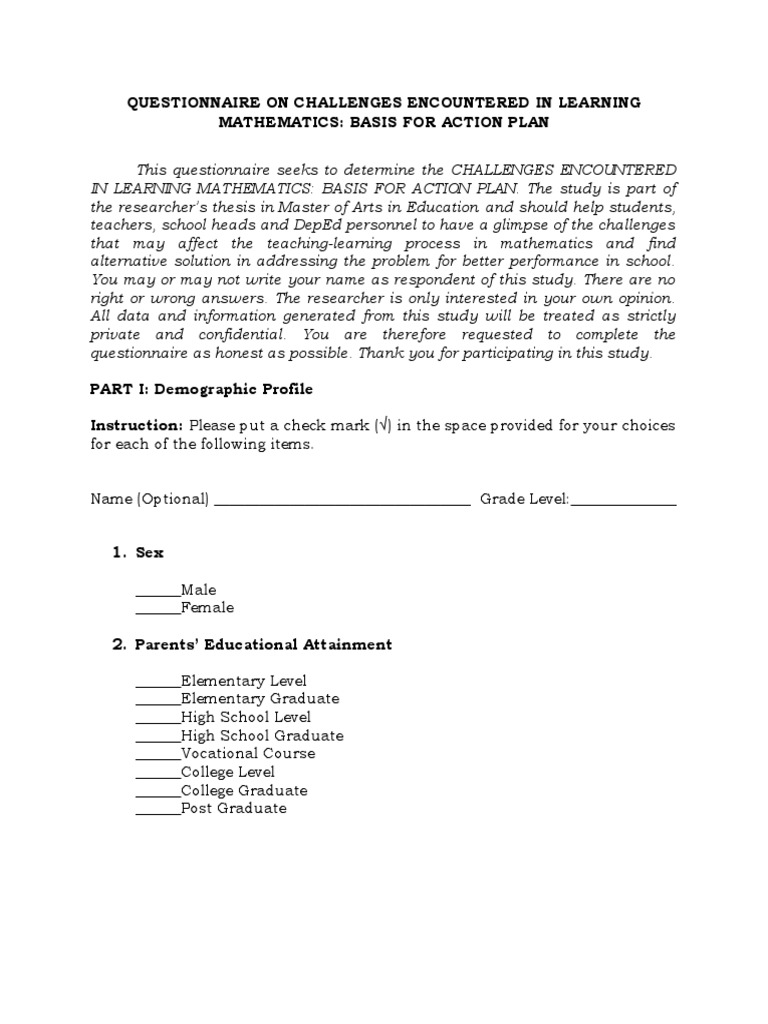 Questionnaire On Challenges Encountered in Learning Mathematics: Basis ...