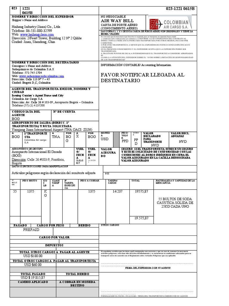 MODELO DE AIR WAYBILL AWB O CONOCIMIENTO AEREO (Autoguardado) | PDF | Logística | Aviación