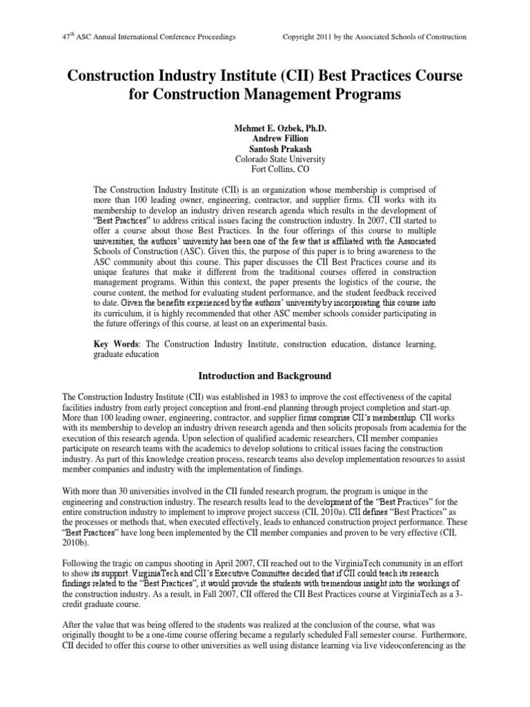 Construction Industry Institute (CII) Best Practices Course For ...