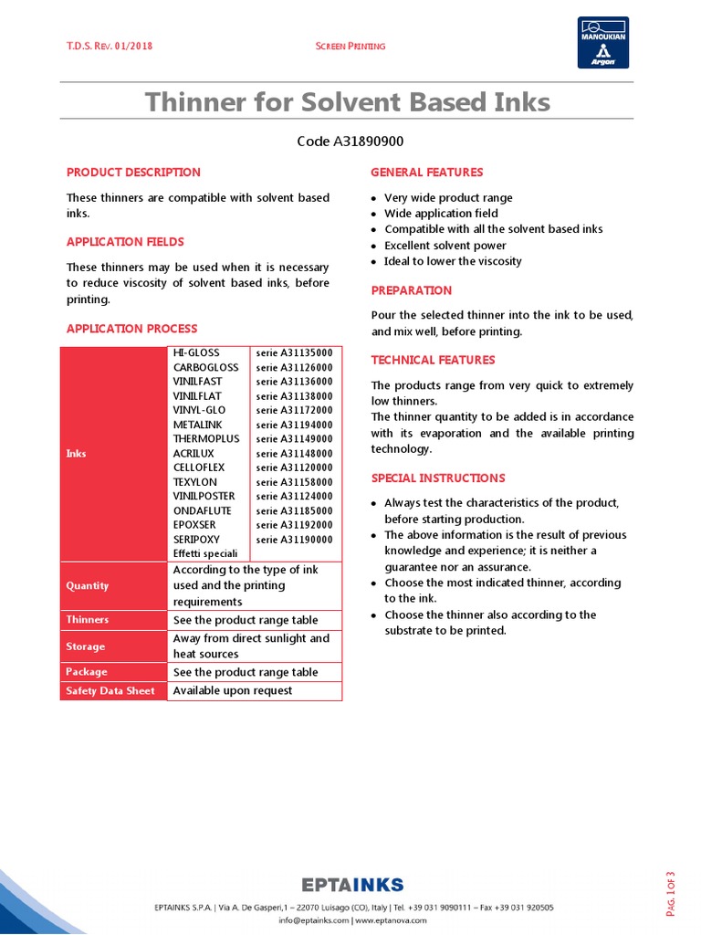 Thinner For Solvent Based Inks: Code A31890900 | PDF | Ink | Business
