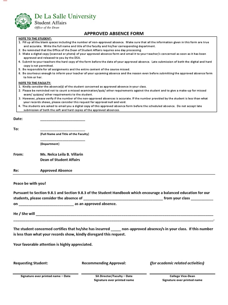 Osa Approved Absence Form | Download Free PDF | Learning