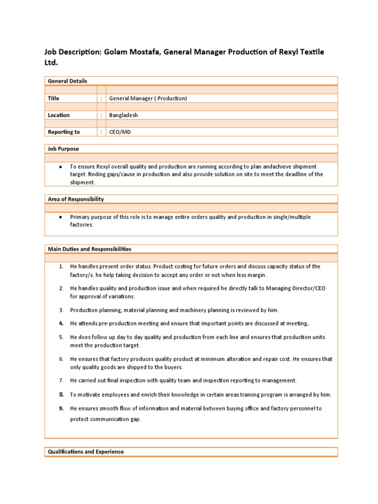 General Manager Production Job Description | PDF | Factory | Business