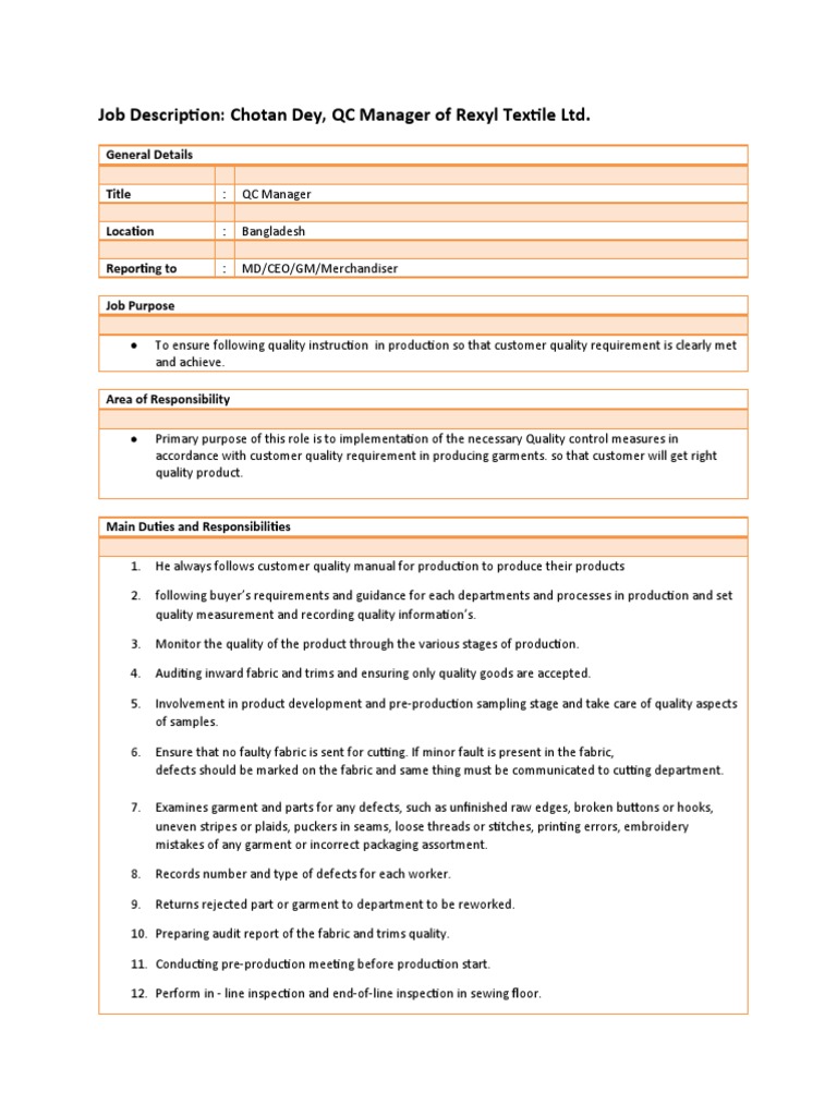 Job Description - QC Manager | PDF | Sewing | Audit
