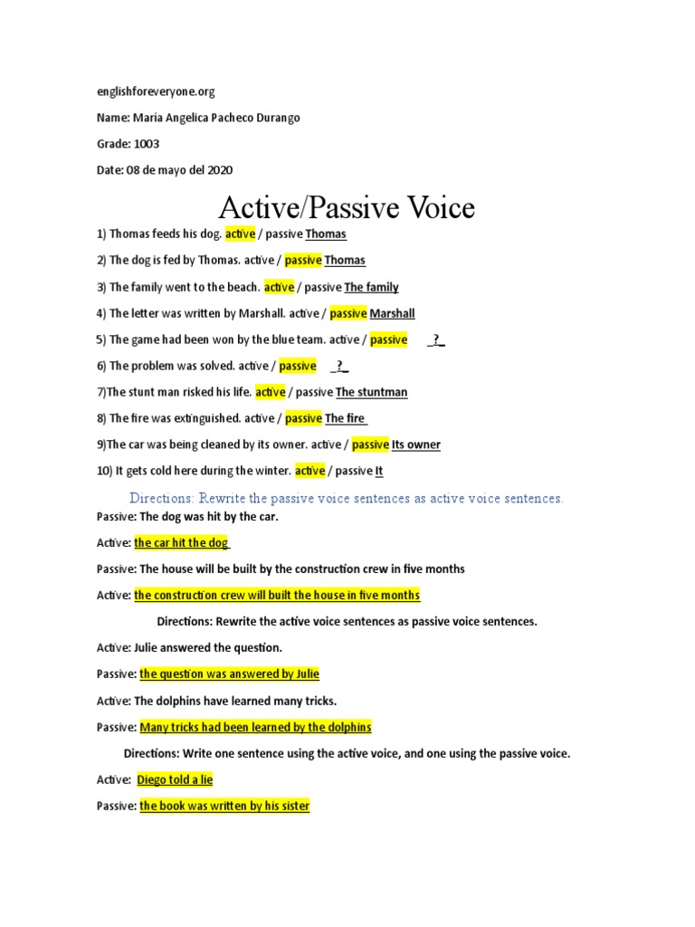 Directions: Rewrite The Passive Voice Sentences As Active Voice ...