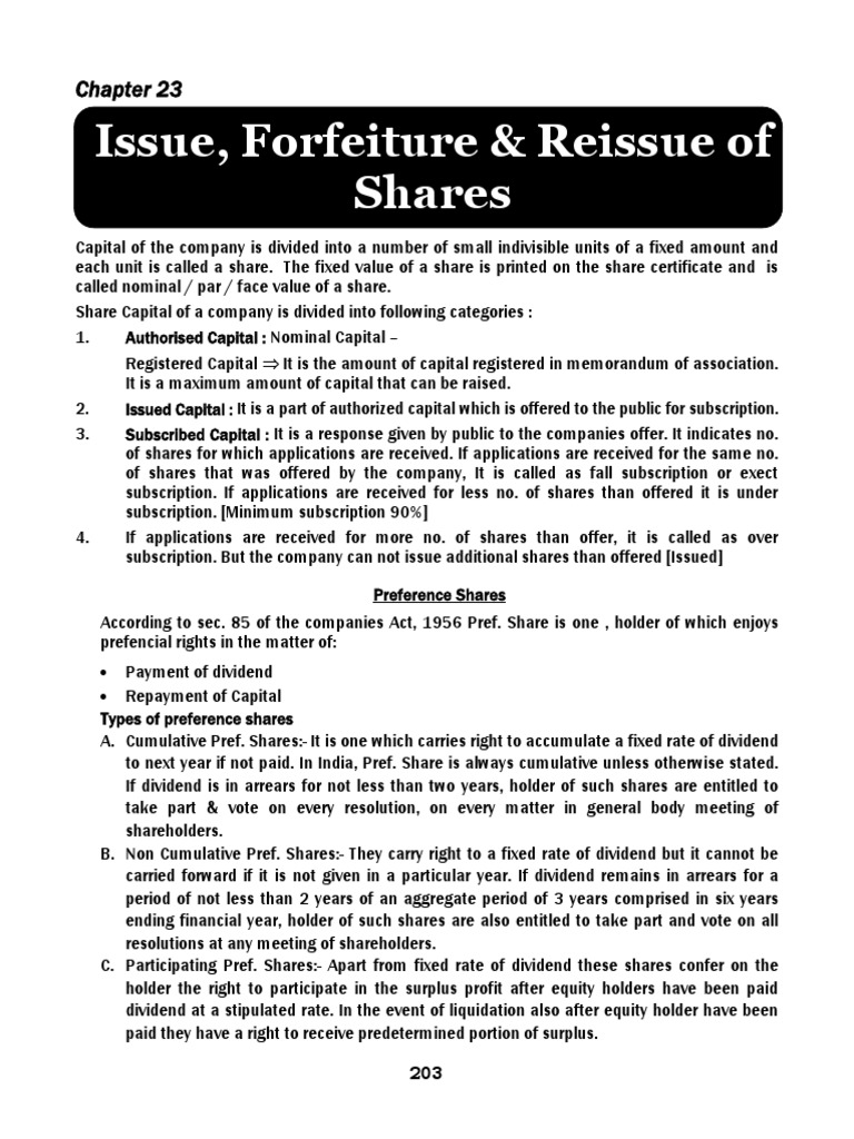 23 Issue, Forfeiture and Reissue of Shares PDF | PDF | Preferred Stock ...