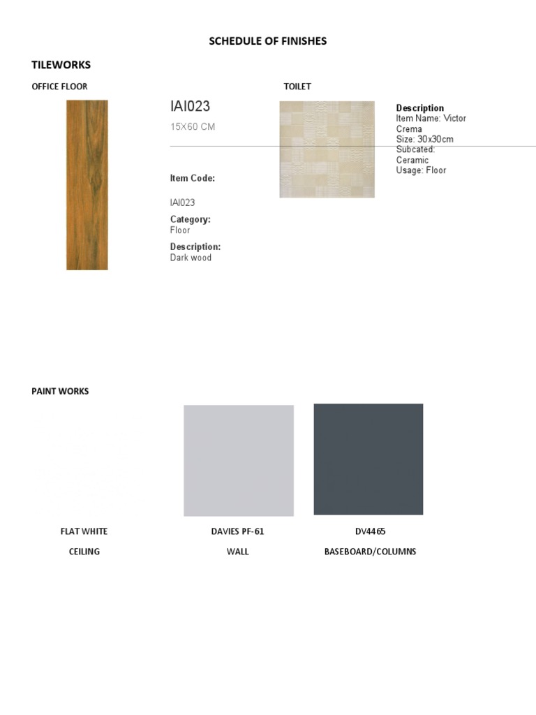 Schedule of Finishes Tileworks: Office Floor Toilet | PDF