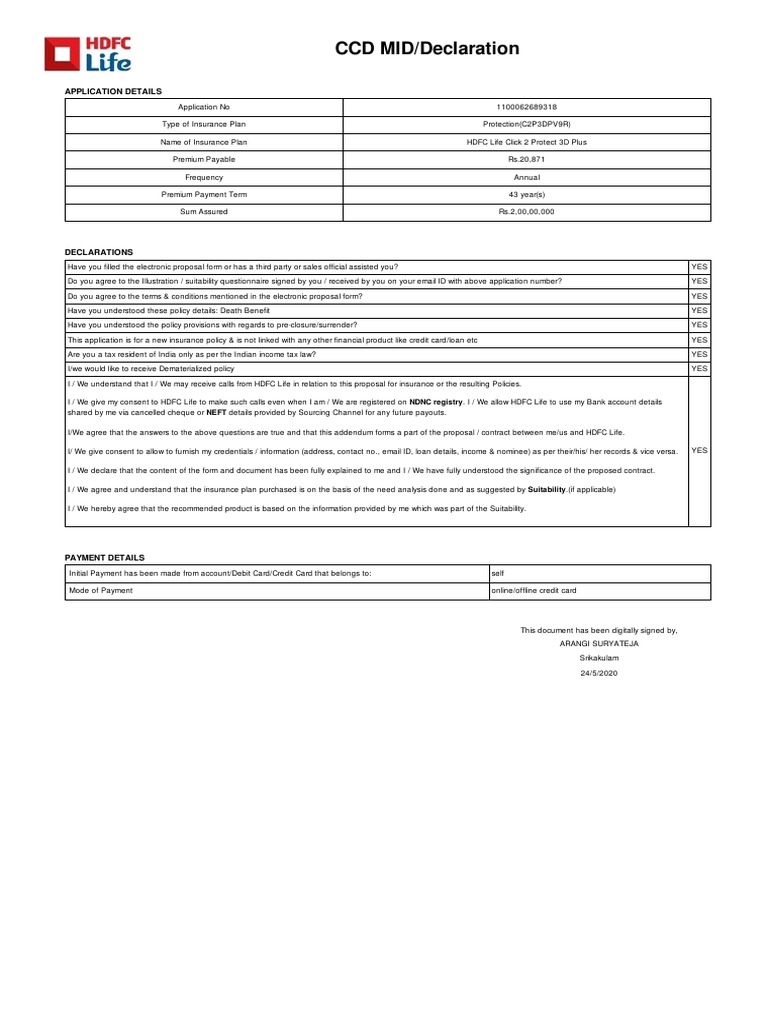 CCD MID/Declaration: Application Details | PDF | Insurance | Payments
