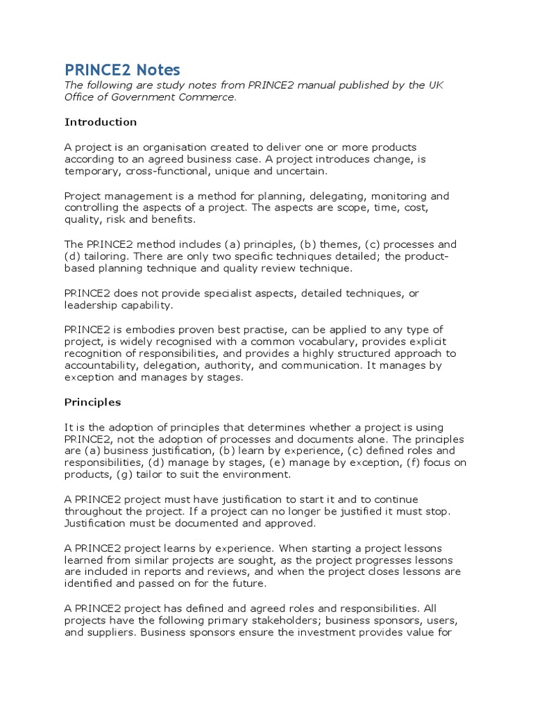 PRINCE2 Notes: The Following Are Study Notes From PRINCE2 Manual ...