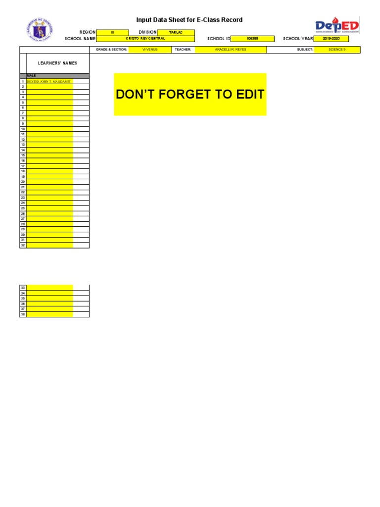 Don'T Forget To Edit: Input Data Sheet For E-Class Record | PDF | Learning | Behavior Modification