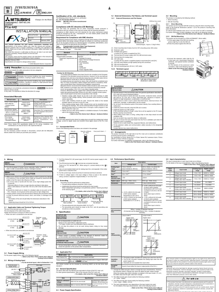 Fx3u 4ad, Installation Manual | PDF | Programmable Logic Controller ...