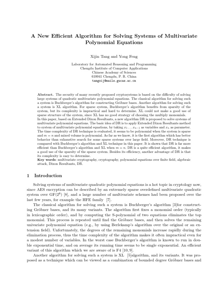 A New Efficient Algorithm For Solving Systems of Multivariate Polynomial Equations | PDF ...