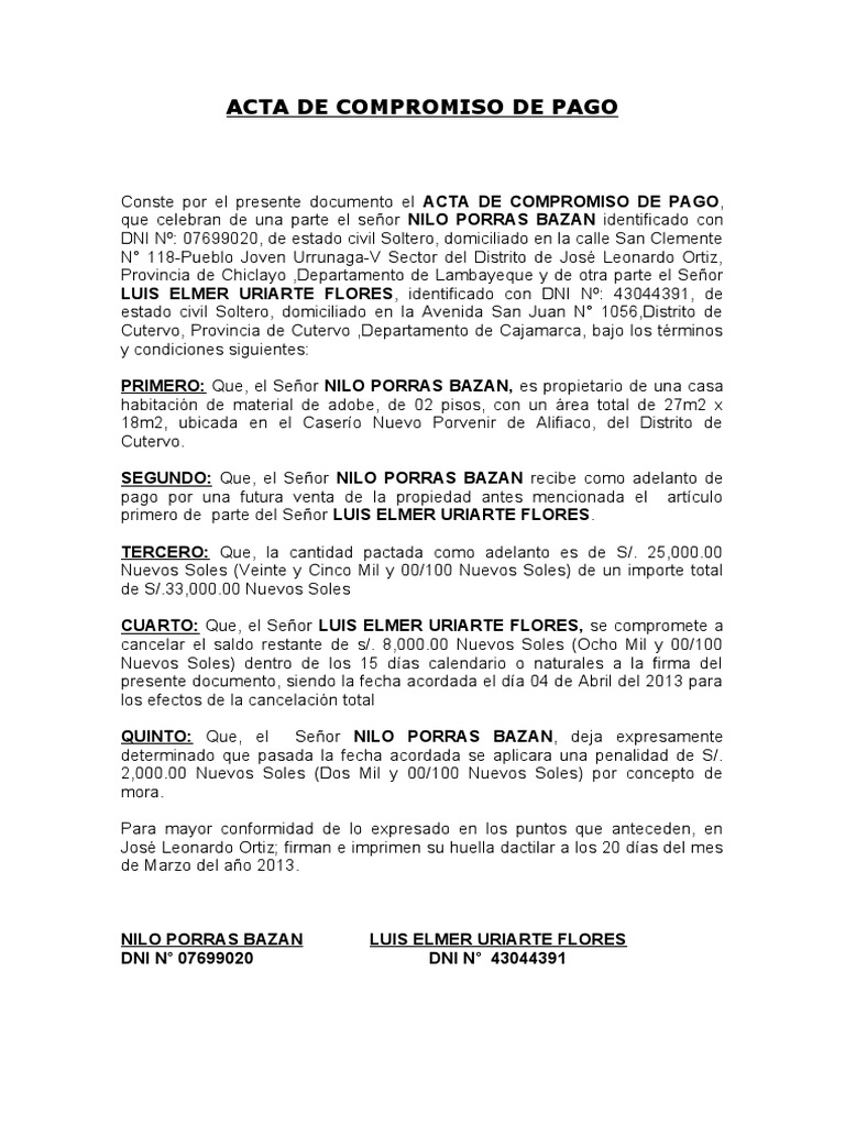 Acta de Compromiso de Compra Venta | PDF