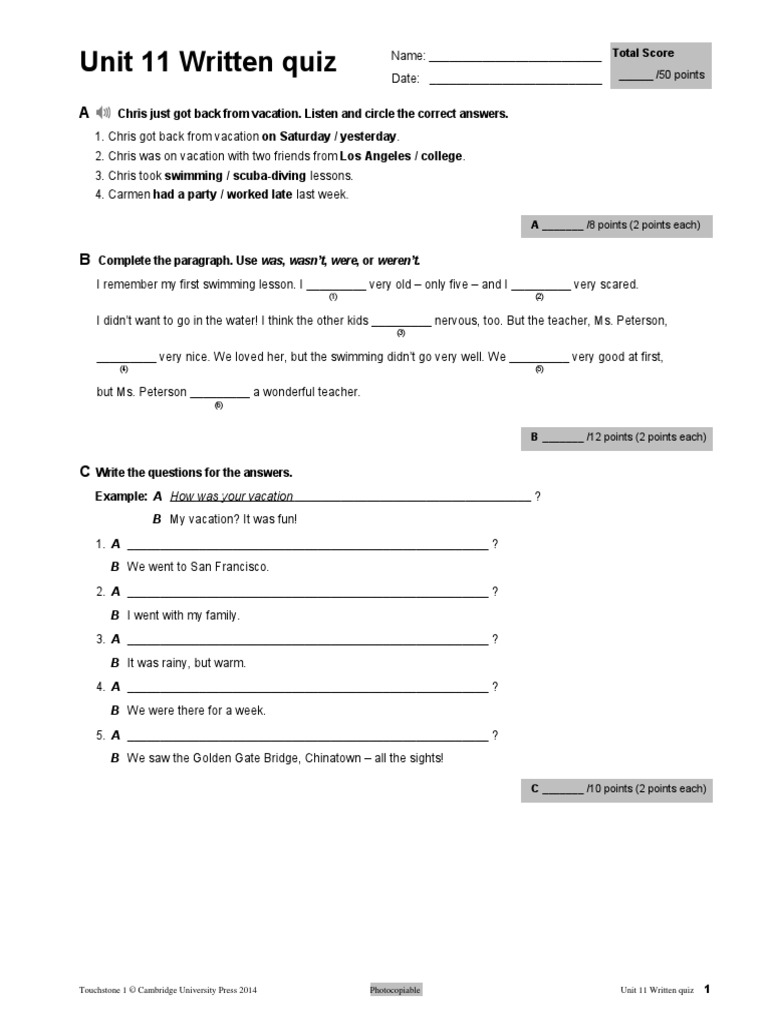 Unit 11 Written Quiz: B My Vacation? It Was Fun! | PDF