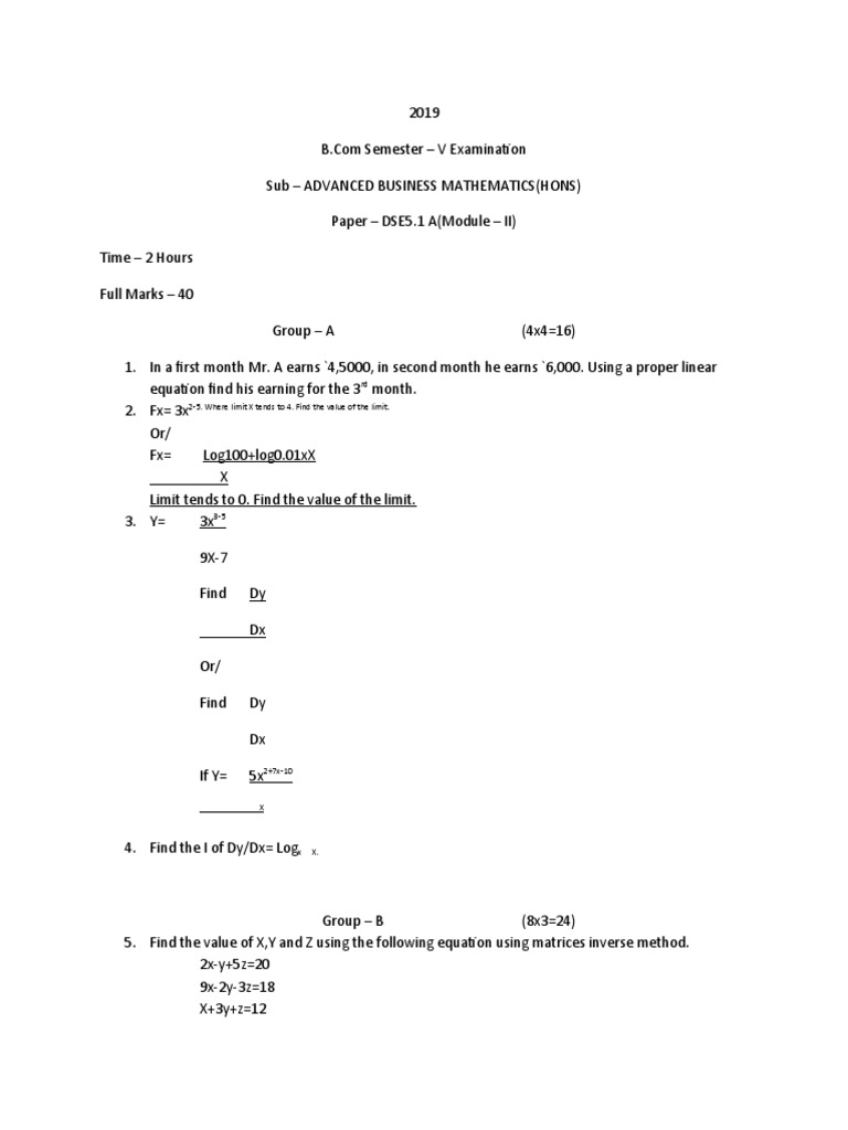 Advanced Business Math Exam 2019 | PDF