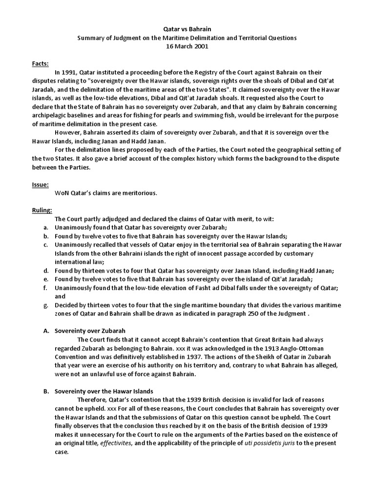 Qatar Vs Bahrain On Maritime Delimitation and Territorial Questions ...
