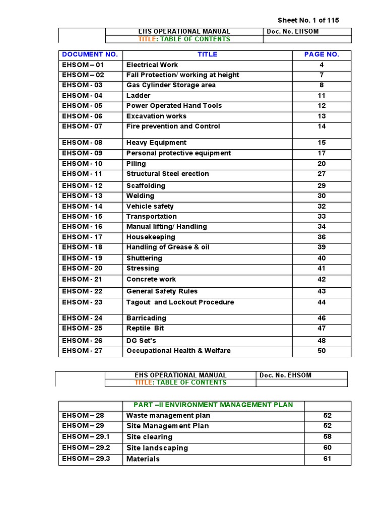 EHS Operational Manual: Table of Contents | PDF | Mains Electricity ...
