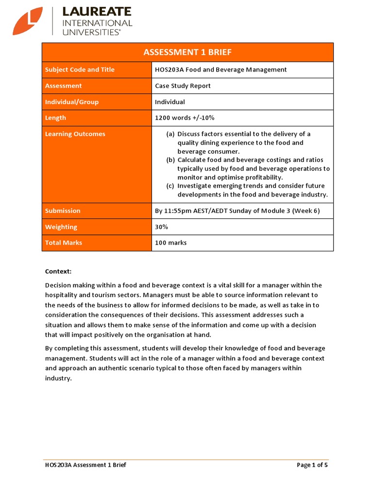 HOS203A Assessment 1 Brief - Case Study Report - 080517 | PDF | Restaurants | Foods