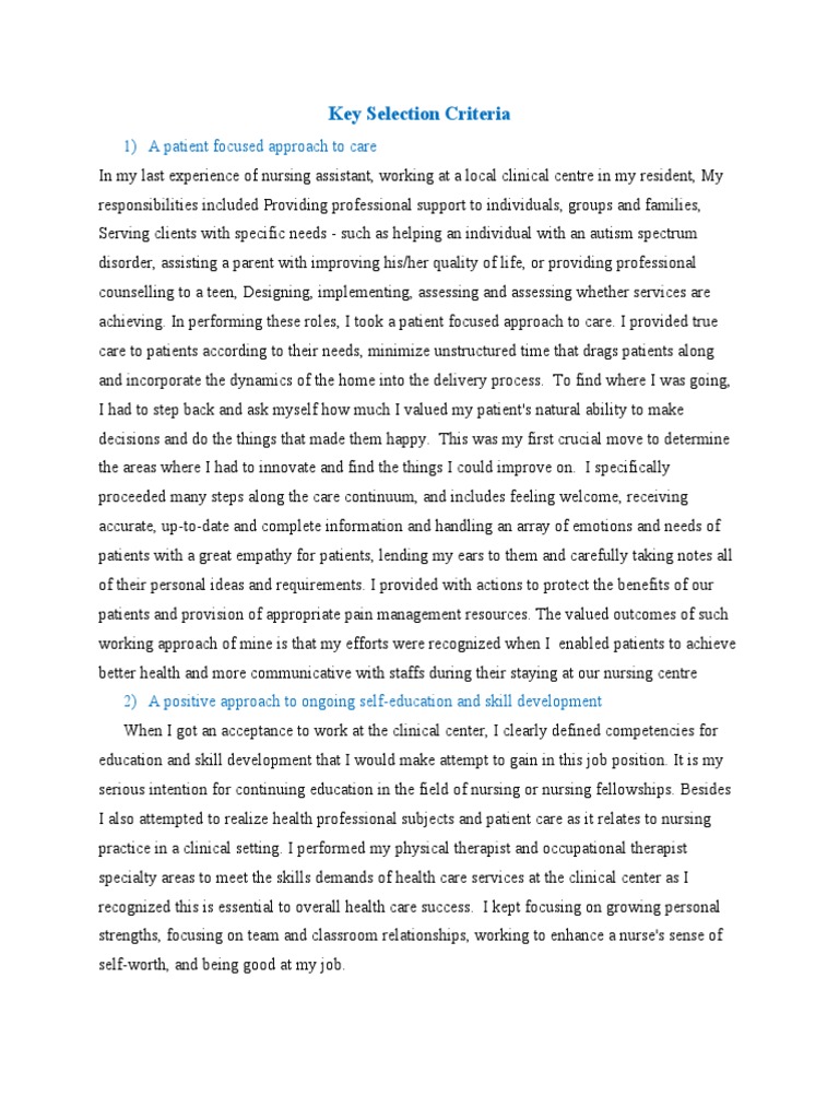 Key Selection Criteria: 1) A Patient Focused Approach To Care | PDF ...