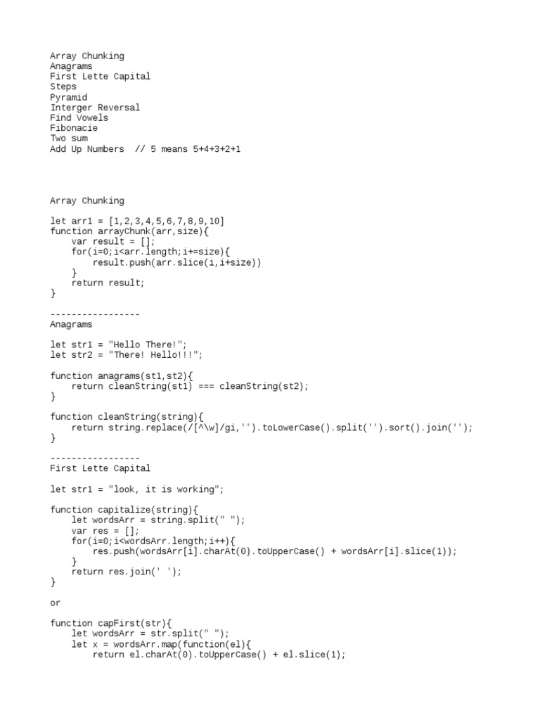 Array chunking, anagrams, capitalize first letter & more JavaScript array/string methods | PDF ...