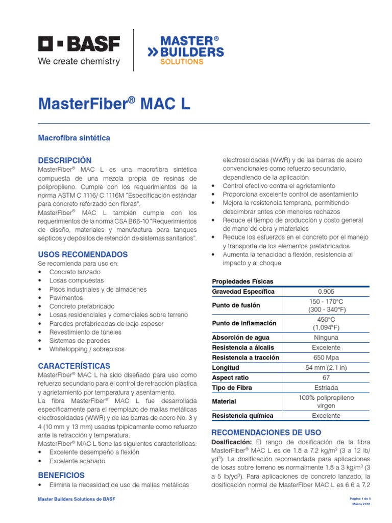 Basf Masterfiber Mac L - Ficha Técnica | PDF | Hormigón | Acero