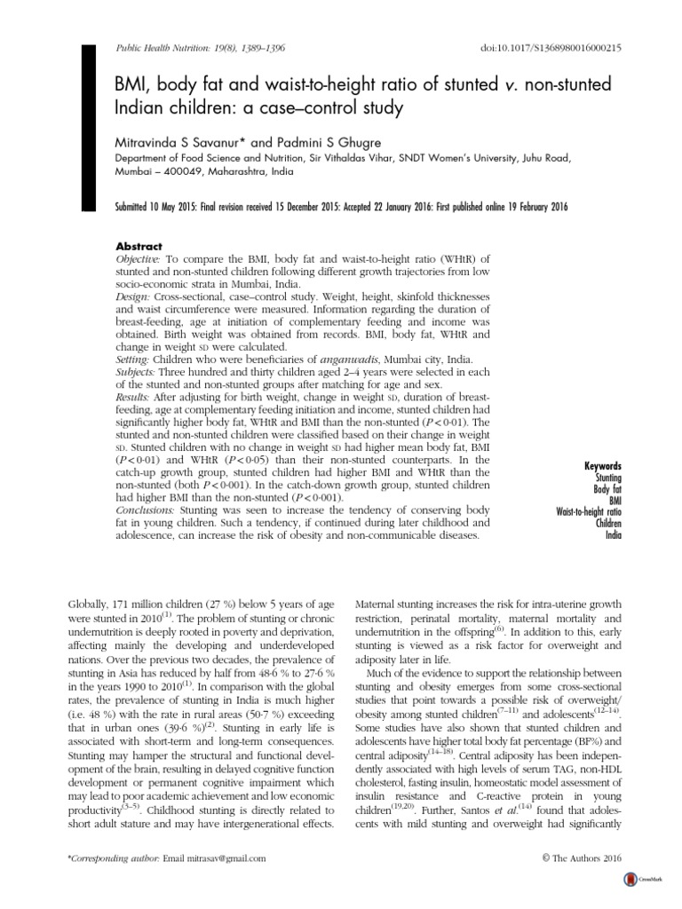 BMI, Body Fat and Waist-To-Height Ratio of Stunted v. Non-Stunted ...