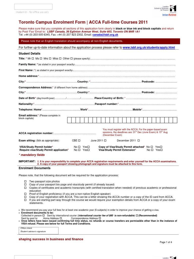 Toronto Campus Enrolment Form - ACCA Full-Time Courses 2011 | PDF ...