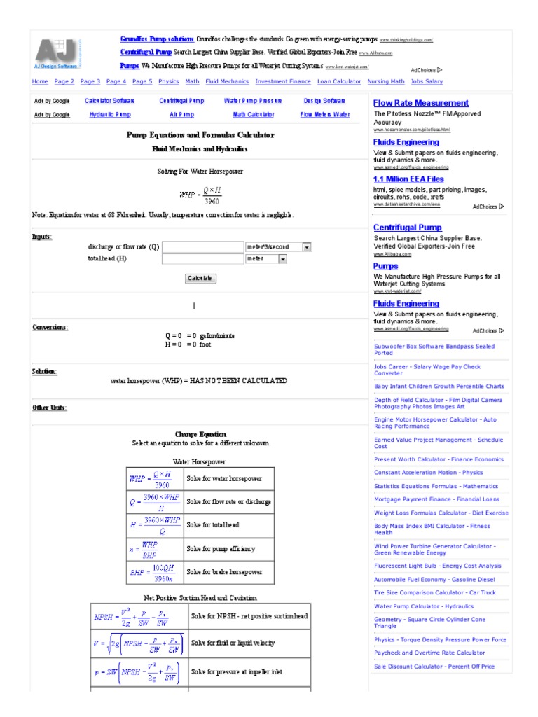 Pump Design Equations Formulas Calculator Water Horsepower PDF | PDF ...