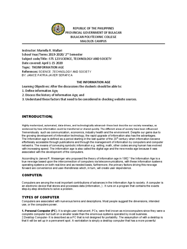 MallariMariella - STS COLLEGE APRI 1-15 | PDF | Personal Computers | Information Age