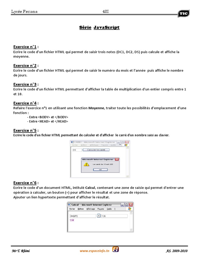 Série JavaScript Correction 4SI TIC PDF | PDF | Html | Fichier informatique
