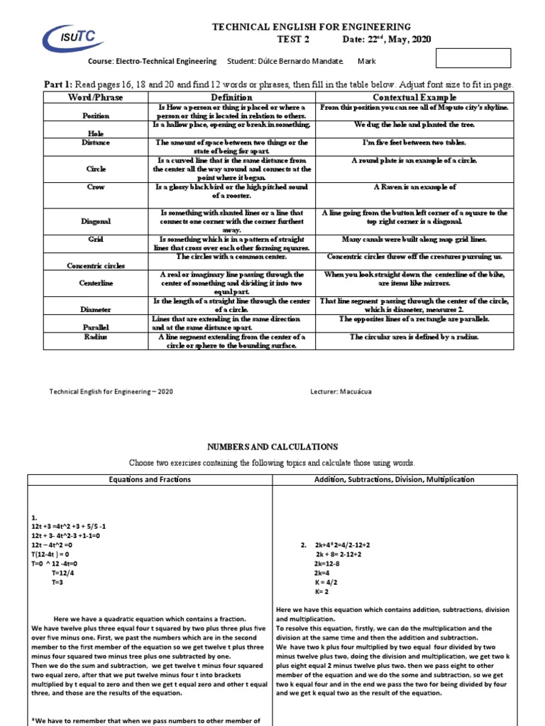 Technical English For Engineering Test 2 Date: 22, May, 2020 | Download ...
