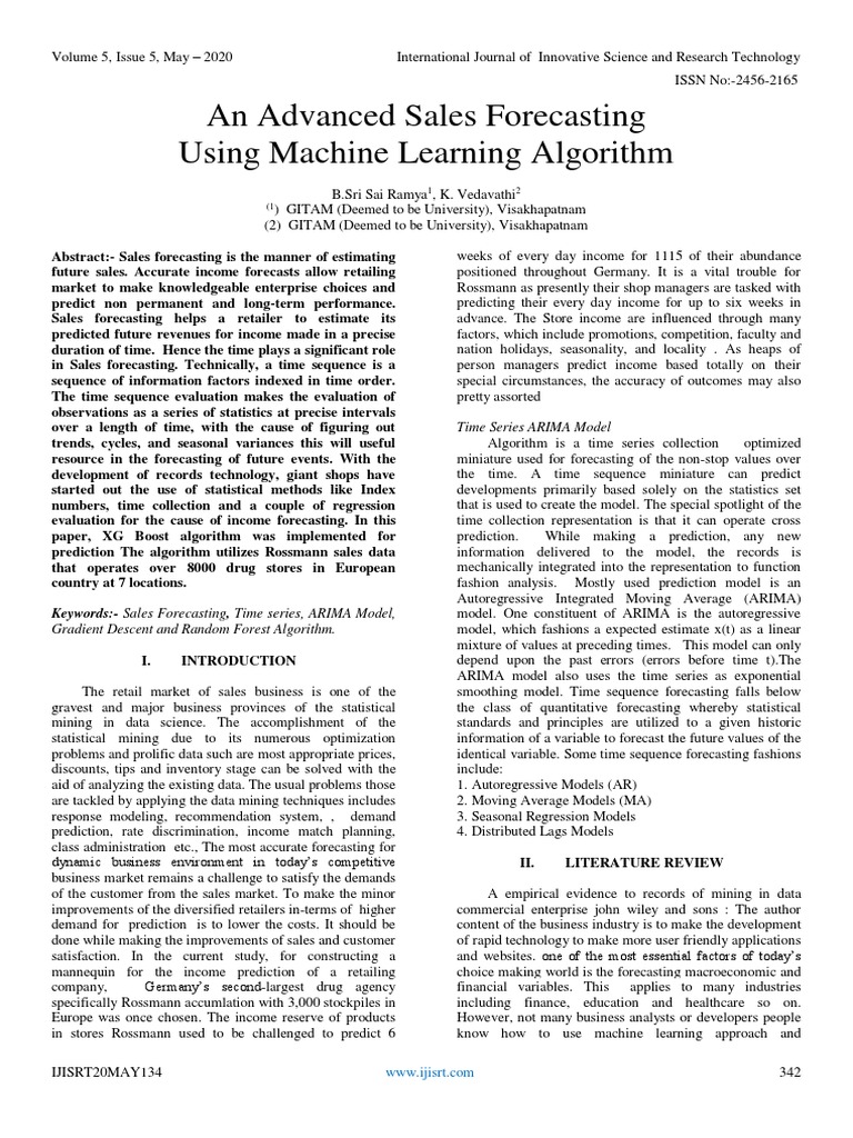 An Advanced Sales Forecasting Using Machine Learning Algorithm | PDF | Forecasting | Prediction