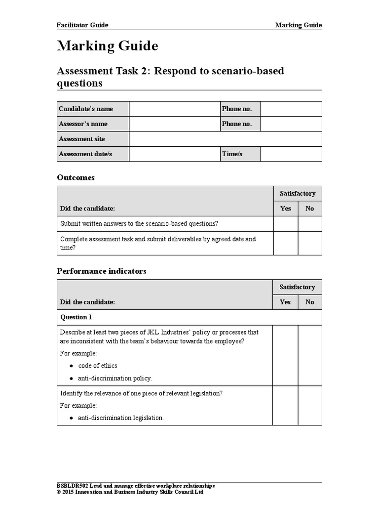 Marking Guide: Assessment Task 2: Respond To Scenario-Based Questions ...