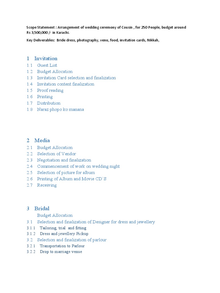 Wedding WBS and Scope Statement | PDF