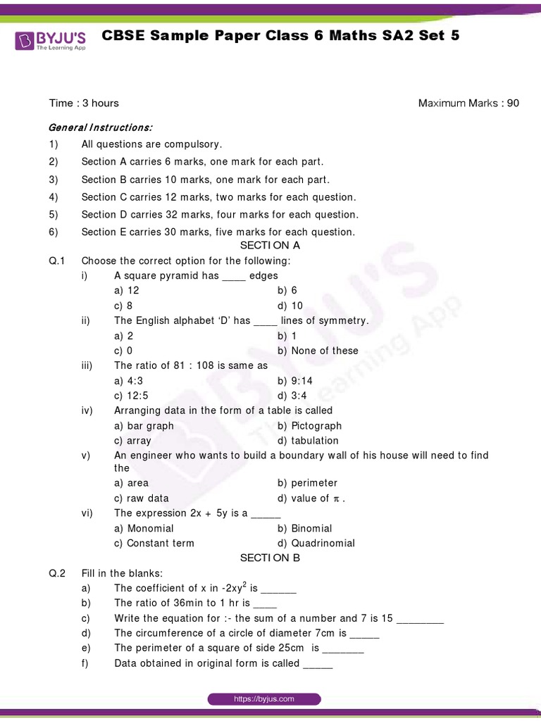 CBSE Sample Paper Class 6 Maths SA2 Set 5: General Instructions | PDF | Geometry | Elementary ...