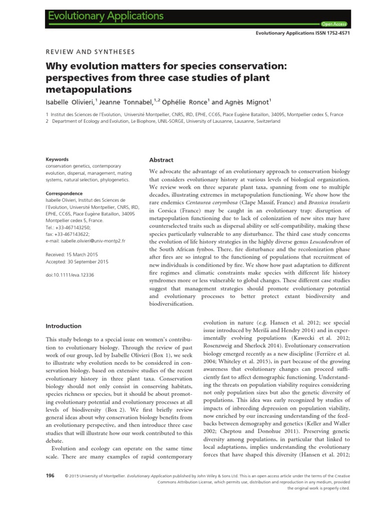 Why Evolution Matters For Species Conservation: Perspectives From Three Case Studies of Plant ...