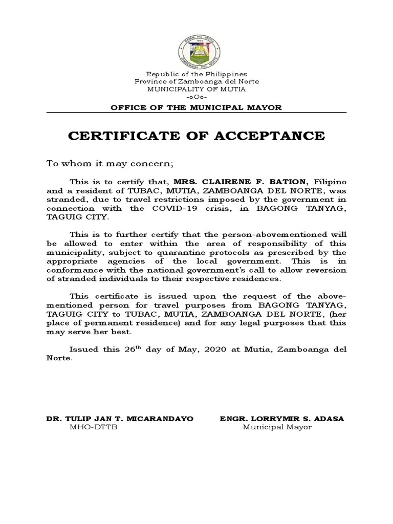 Certificate of Acceptance | PDF