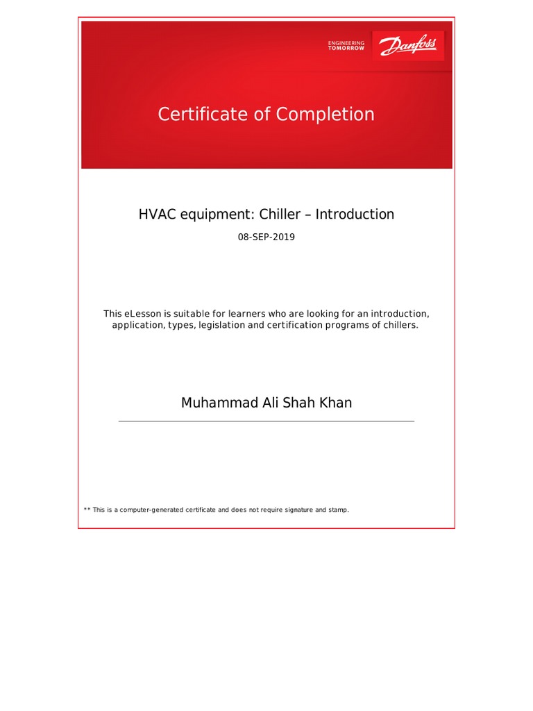 Certificate of Completion: HVAC Equipment: Chiller - Introduction | PDF